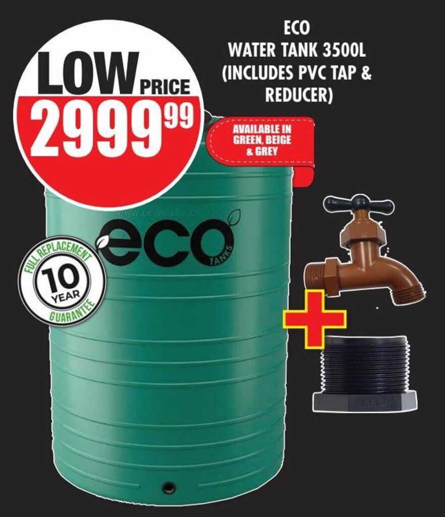 Eco Water Tank 3500L (includes PVC tap & reducer) offer at Boxer Build