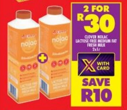 Clover Nolac Lactose Free Medium Fat Fresh Milk 2x1L offer at Shoprite