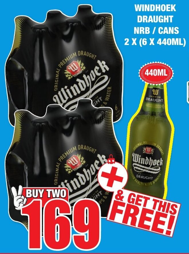 Windhoek Draught NRB/Cans 2x(6x440ml) offer at Boxer Liquors