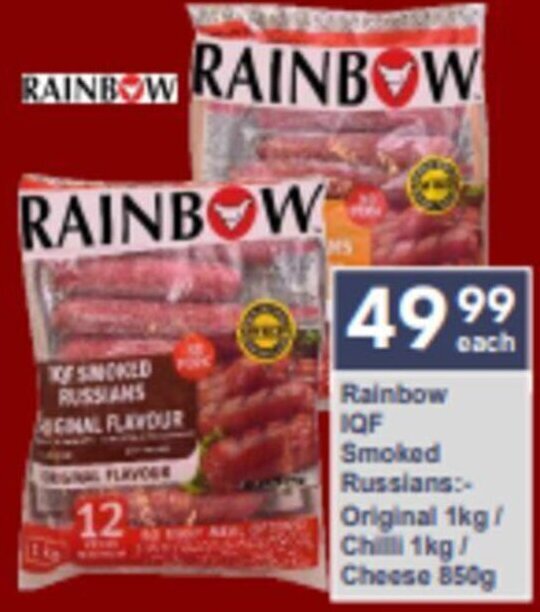 Rainbow IQF Smoked Russians Original 1kg/ Chilli 1kg/ Cheese 850g offer ...