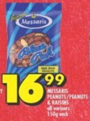 Messaris Peanuts / Peanuts & Raisins all variants 150g offer at Shoprite