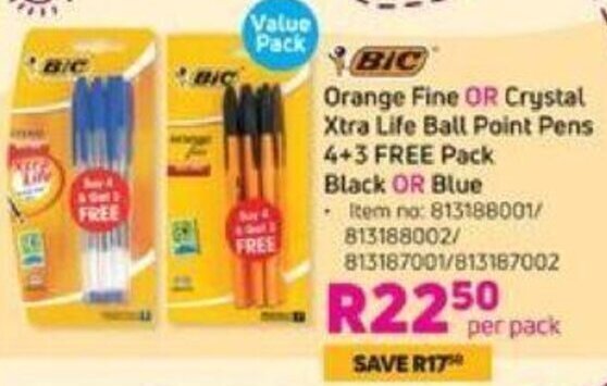 BIC Orange FIne or Crystal Xtra Life Ball Point Pens 4+3 Free Pack ...