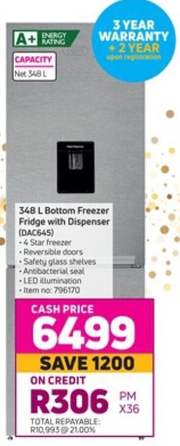 Bottom Freezer Fridge with Dispenser 348L offer at Game