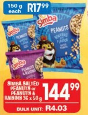 Simba Salted Peanuts or Peanuts & Raisins 36 x 50g offer at Giant Hyper