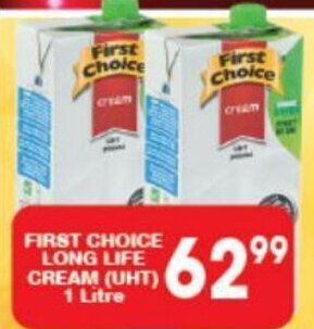 First Choice Long Life Cream (UHT) 1 litre offer at Giant Hyper