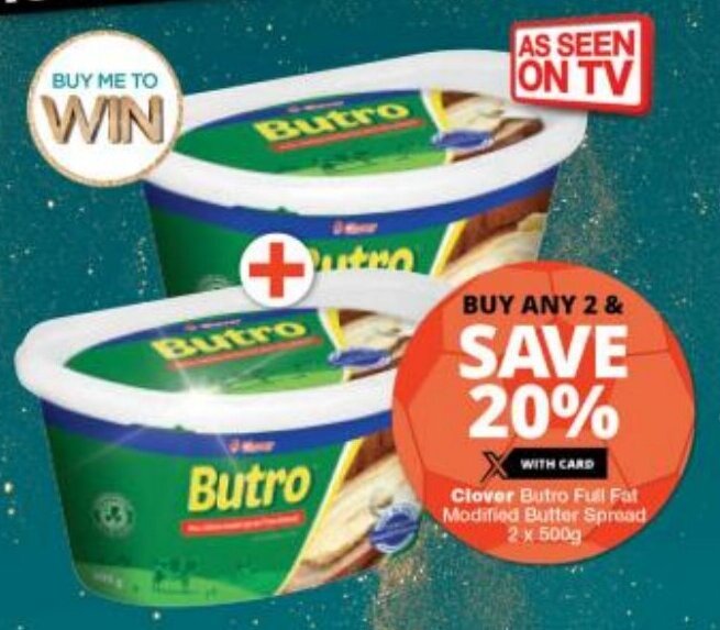 Clover Butro Full Fat Modified Butter Spread 2 x 500g offer at Checkers