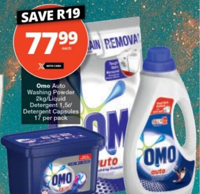 Omo Auto Washing Powder 2kg / Liquid 1.5L / Capsules 17 per pack offer at Checkers