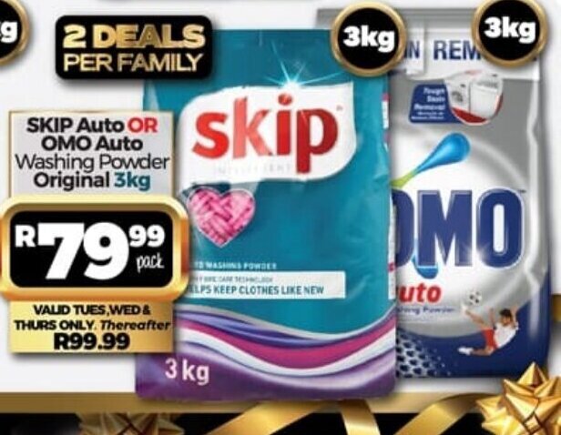 Skip or Omo Auto Washing Powder Original 3kg offer at Take 'n Pay