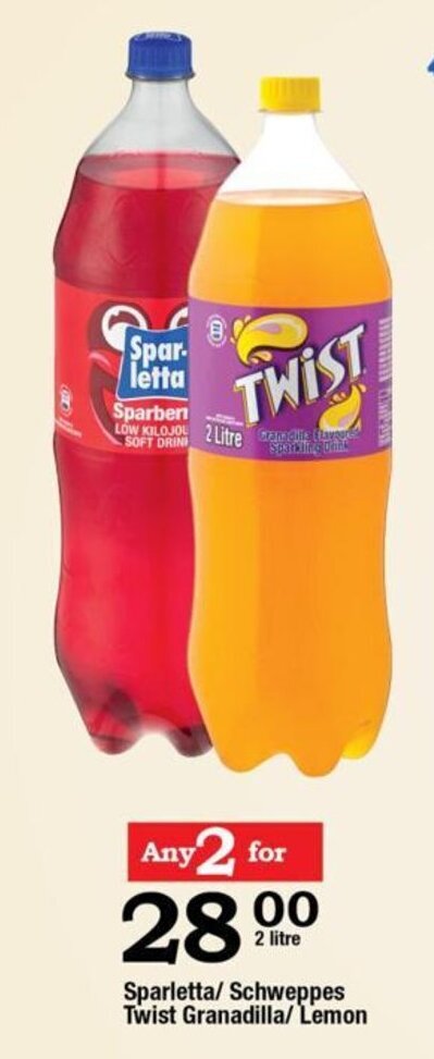 Sparletta / Schweppes / Twist Granadilla, Lemon 2 x 2 litre offer at ...