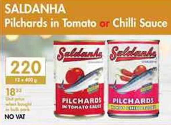Saldanha Pilchards in Tomato or Chilli Sauce 12 x 400g offer at Makro