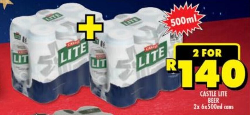 Castle Lite Beer 2 x 6 x 500ml cans offer at Shoprite Liquor