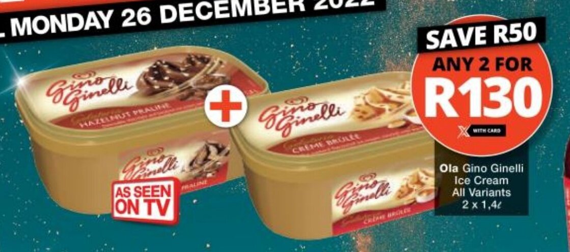 Ola Gino Ginelli Ice Cream all variants 2 x 1,4L offer at Checkers