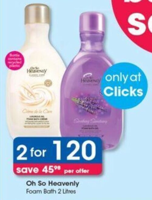 Oh So Heavenly Foam Bath 2 x 2 litres offer at Clicks