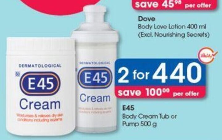 E45 Body Cream Tub or Pump 2 x 500g offer at Clicks