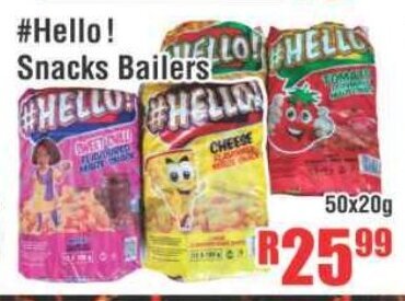 #Hello! Snacks Bailers 50x20g offer at Devland Cash And Carry