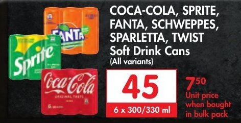 Coca-Cola, Sprite, Fanta, Schweppes, Sparletta, Twist Soft Drink cans ...