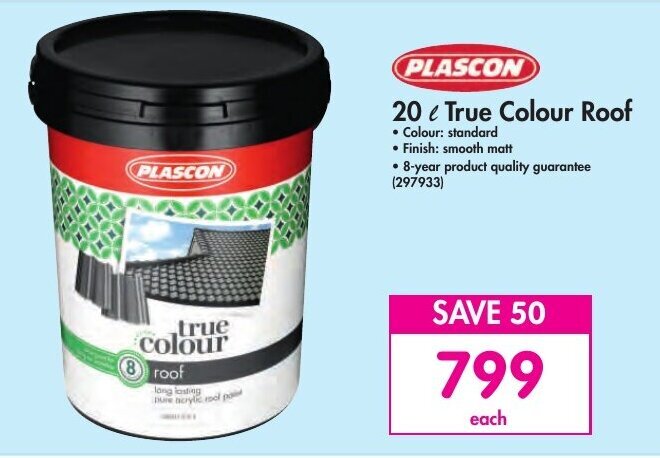 Plascon 20L True Colour Roof Paint offer at Makro