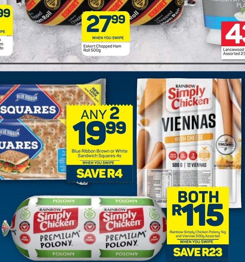 Rainbow Simply Chicken Polony 1kg and Viennas 500g offer at Pick n Pay