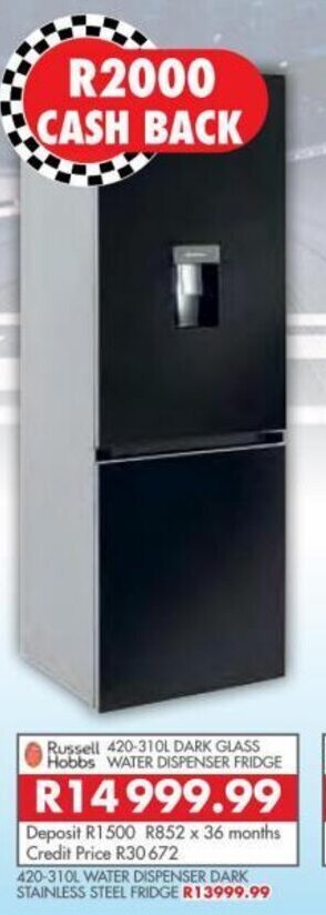 Russell Hobbs 420-310L Dark Glass Water Dispenser Fridge offer at Beares