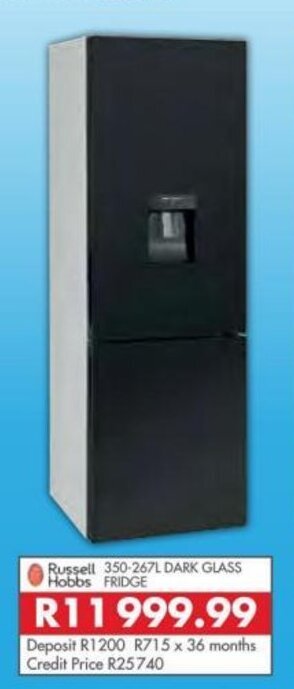 Russell Hobbs 350-267L Dark Glass Fridge offer at Beares
