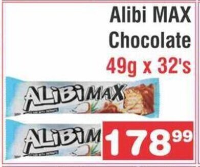 Alibi Max Chocolate 49g x 32's offer at Advance Cash n Carry