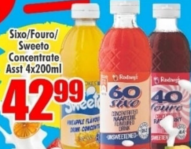 Sixo/Fouro Sweeto Concentrate Asst 4x200ml offer at Three Star Cash and ...