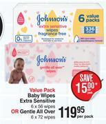 Johnson's baby wipes extra sensitive 6 x 56 wipes or gentle all over 6 ...