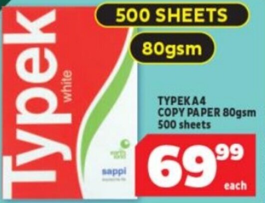 Typek A4 Copy Paper 80g 500 Sheets offer at Usave
