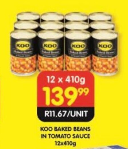 Koo Baked Beans in Tomato Sauce 12 x 410g offer at Shoprite