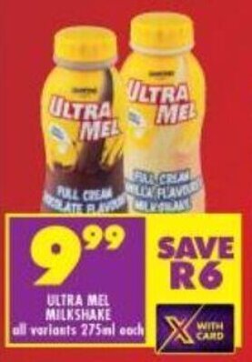 Ultra Mel Milkshake all variants 275ml offer at Shoprite