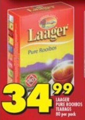 Laager Pure Rooibos Teabags 80 per pack offer at Shoprite