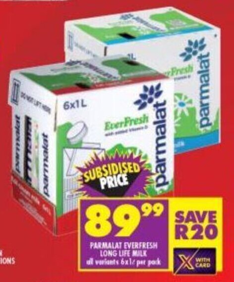 Parmalat Everfresh Long Life Milk all variants 6 x 1L per pack offer at ...
