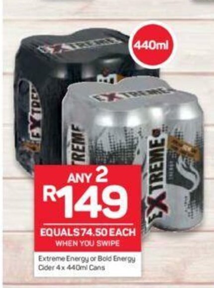 Extreme Energy or Bold Energy Cider 4 x 440ml Cans offer at Pick n Pay ...