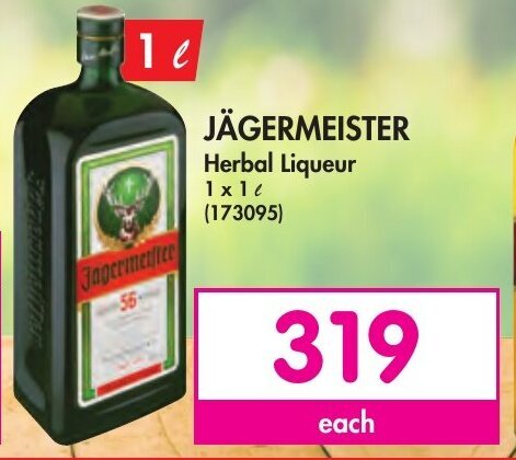 Jagermeister Herbal Liqueur 1x1 ℓ offer at Makro