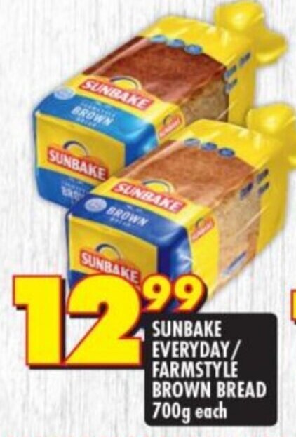 Sunbake Everyday/Farmstyle Brown Bread 700g each offer at Shoprite