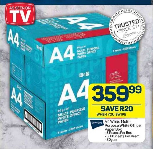 A4 White Multi-Purpose White Office Paper Box offer at Pick n Pay