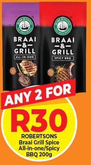 Robertsons Braai Grill Spice All-in-one/Spicy BBQ 200g offer at Elite Power Trade Cash & Carry