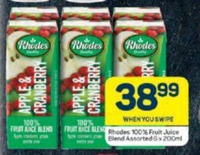 Rhodes 100% Fruit Juice Blend Assorted 6x200ml offer at Pick n Pay