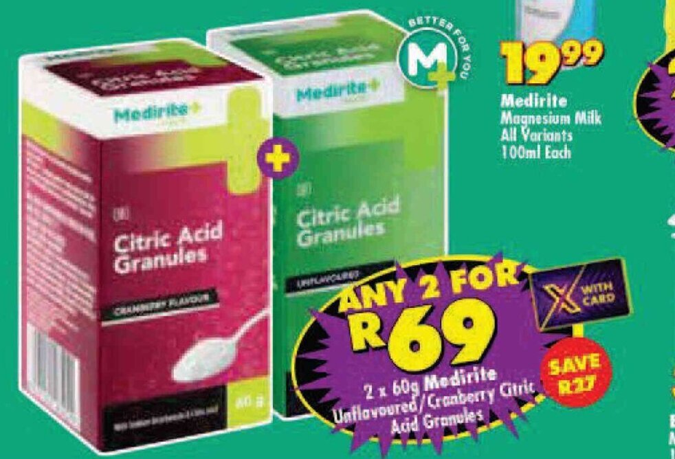 2x60g Medirite Unflavoured/Cranberry Citric Acid Granules offer at Shoprite