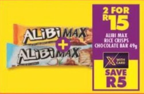 Alibi Max Rice Crisps Chocolate Bar 49g offer at Shoprite