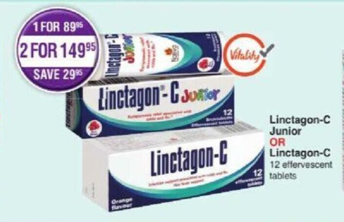 Linctagon-C Junior or Linctagon-C 12 Effervescent Tablets offer at Dis-Chem