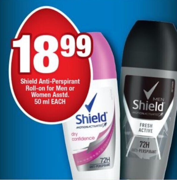 Shield Anti-Perspirant Roll-on for Men or Women Asstd. 50ml each offer ...