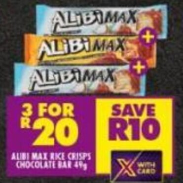 Alibi Max Rice Crisps Chocolate Bar 49g offer at Shoprite