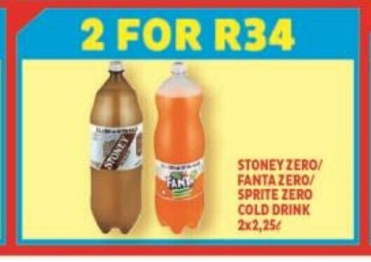 Stoney Zero / Fanta Zero / Sprite Zero Cold Drink 2 x 2.25L offer at Usave