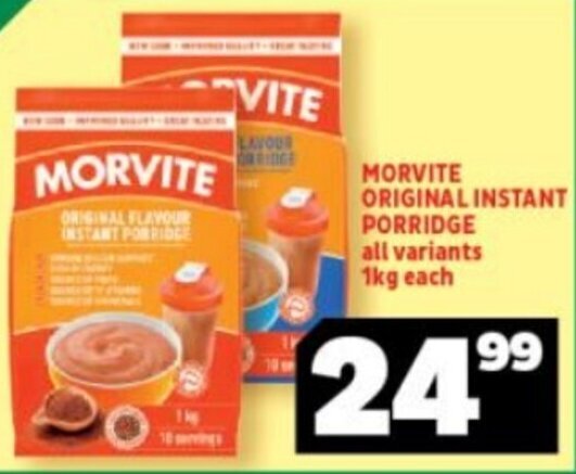 Morvite Original Instant Porridge all variants 1kg each offer at Usave