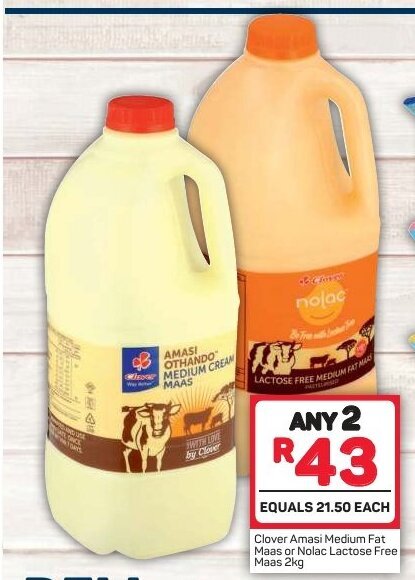 Clover Amasi Medium Fat Maas or Nolac Lactose Free Maas 2kg offer at ...