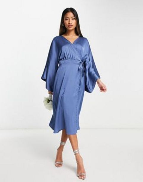 Tfnc Bridesmaid Kimono Sleeve Satin Wrap Midi Dress In Dusky Blue Offer