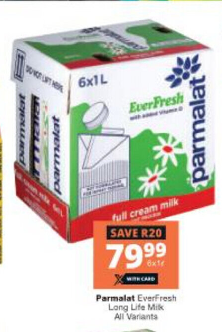 Parmalat Everfresh Long Life Milk All Variants 6 x 1L offer at Checkers
