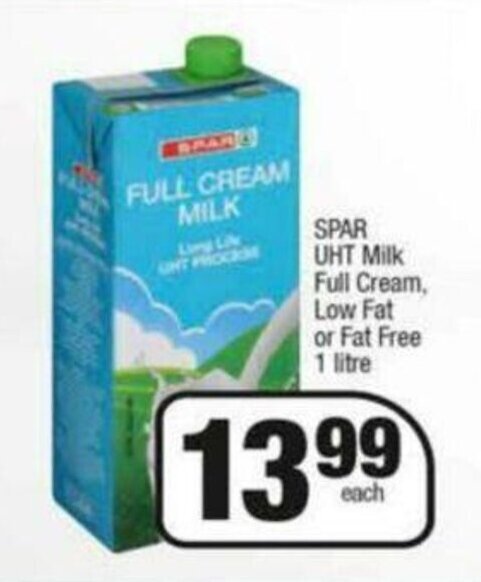 Spar UHT Milk Full Cream, Low Fat or Fat Free 1L offer at Spar