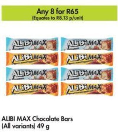 Alibi Max Chocolate Bars (all variants) 49g offer at Makro